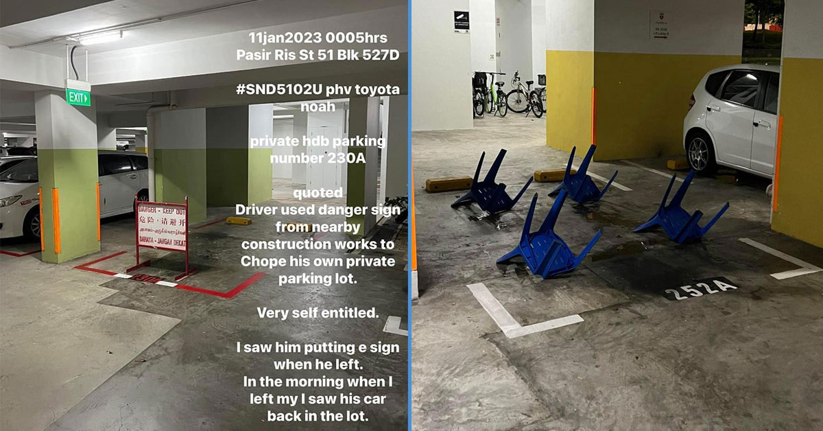 PHV Driver Allegedly Used “Danger” Sign & Chairs to Chope Parking Lot ...