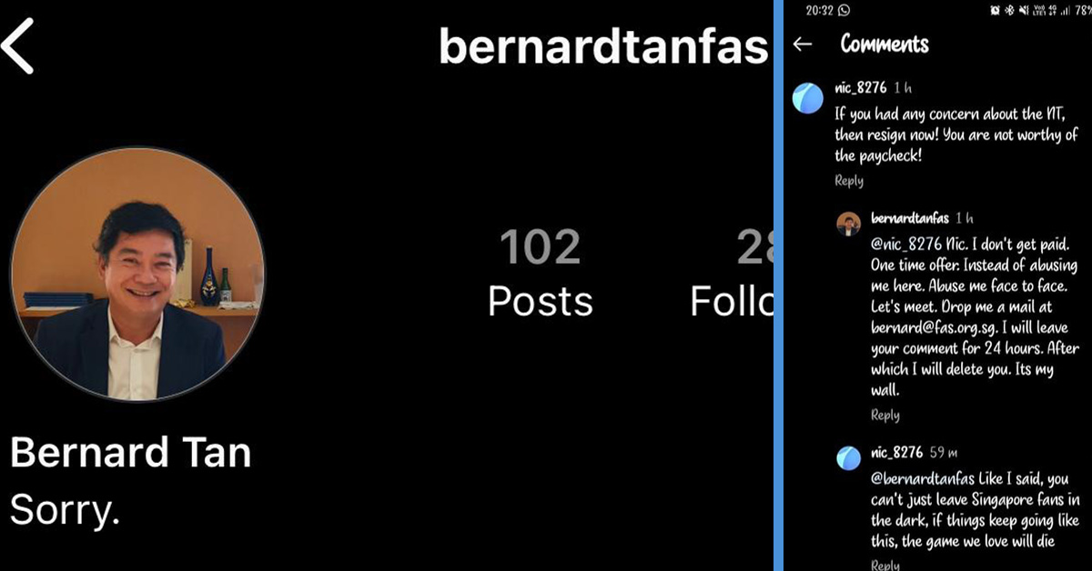 FAS Head Bernard Tan Apologised After Responding to Netizen Like a Primary School Kid Following ...