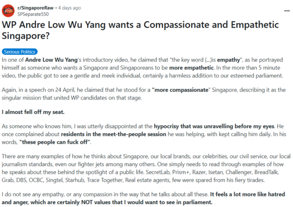 Workers' Party Candidate Andre Low Apologizes for Vulgar Comments in ...