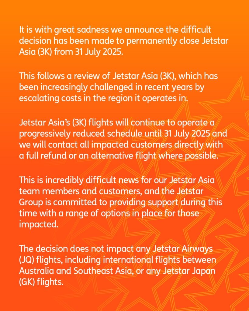 Jetstar Asia to Shut Down by 31 July, Over 500 Employees Affected ...